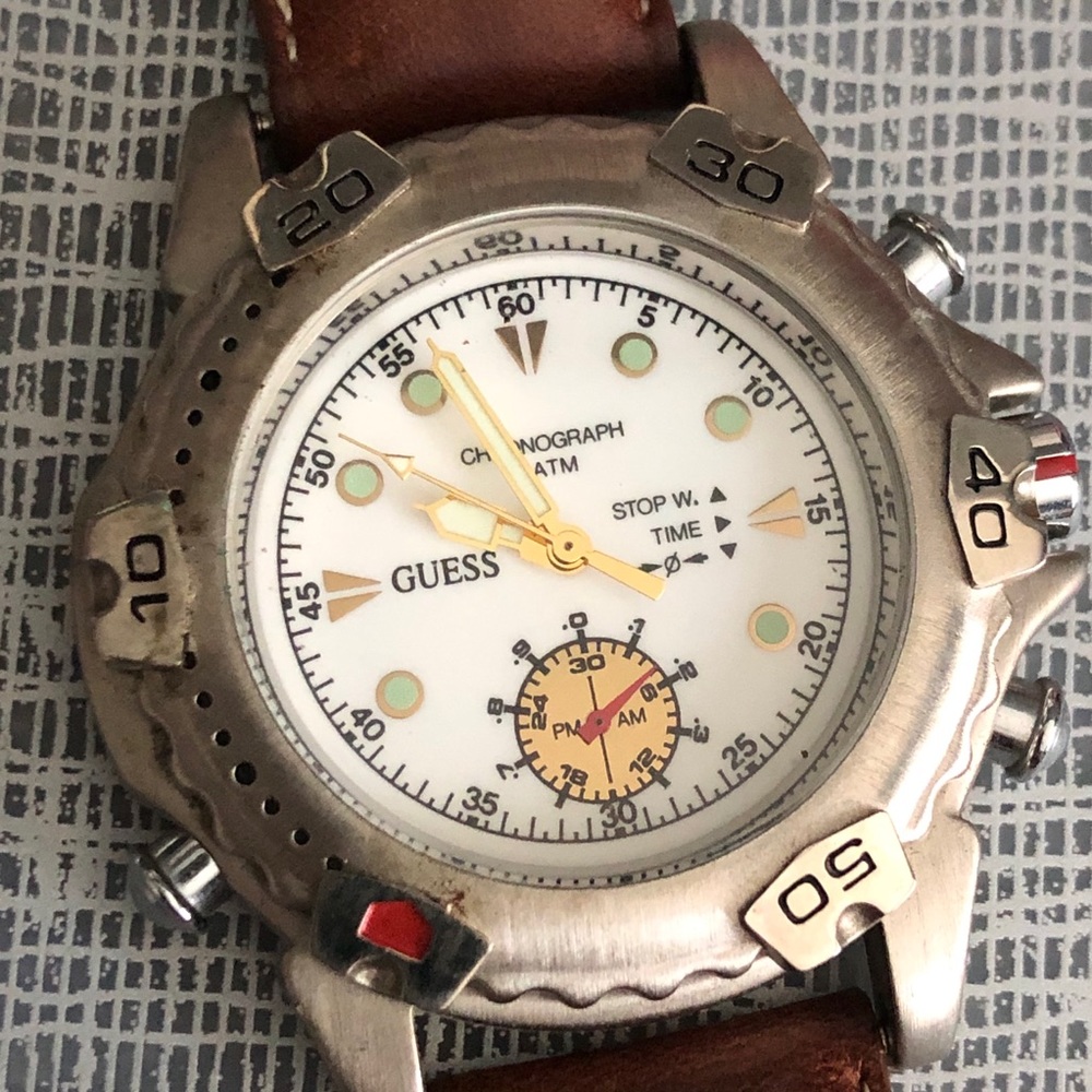 Vintage Guess Mens Chrono Watch Chestnut Leather - Gem